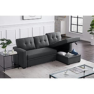 Eafurn 3 Seater Sectional Sofa with Reversible Chaise Lounge, L Shaped Convertible Couch Pull Out Bed and Storage, Comfy Linen Upholstery Corner Sofa&Couches for Living Room Office Furniture Sets