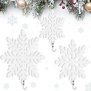 Threehoney 3 Pcs Wooden Blue Snowflake White Snowflake Towel Hooks Xmas Socks Hooks Pool Towel Rack Outdoor Wooden Flip Christmas Tree Decorative Wall Hook for Bathroom Bedroom (White)