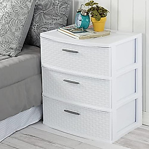 3 Drawer Wide Weave Tower Plastic, White - Design Storage Tower with pull handles, Organizer Unit for Bedroom, Closet, Entryway, Hallway, Nursery Room, Storage bins