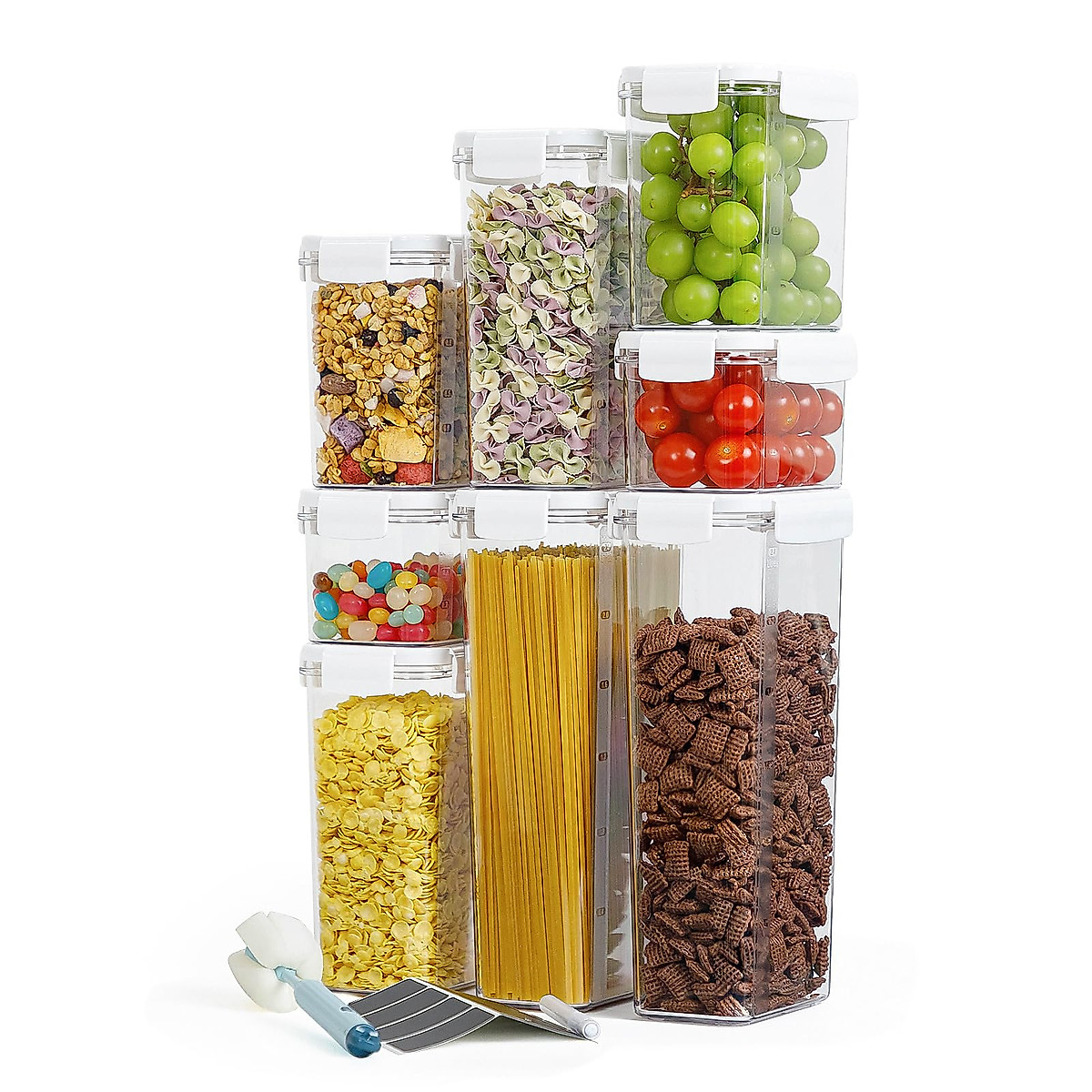 Crystal Clear Airtight Food Storage Containers with Lids, Plastic Canister Set for Kitchen Organization and Storage, for Flour, Sugar, Cereal, Rice, BPA Free Plastic 8-Pack with Different Sizes White