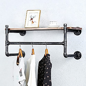HAOVON Industrial Pipe Clothing Rack Wall Mounted Wood Shelf,Pipe Shelving Floating Shelves,Retail Garment Rack Display Rack Clothes Racks(1 Tier,30in)