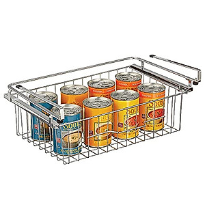 mDesign Large Metal Wire Hanging Pullout Drawer Basket - Sliding Under Shelf Storage Organizer - Attaches to Shelving - Easy Install - Chrome