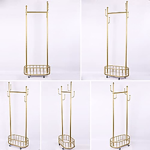 ZHANYUN Gold Metal Garment Rack, Clothes Racks on Wheels, Rolling Clothing Rack with A Hanging Rod and Bottom Storage Basket Shelves (Gold)