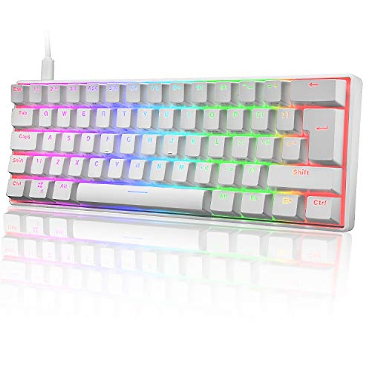 UK Layout 60% True Mechanical Gaming Keyboard Type C Wired 61 Keys LED Backlit USB Waterproof Keyboard 14 Chroma RGB Backlight Full Anti-ghosting Keys for Computer/PC/Laptop/MAC (White/Blue Switch)