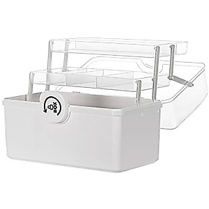 Sooyee Craft Organizers and Storage,Plastic Box with 3-Tier Fold Tray and Handle,Portable Lockable Container for Arts, Crafts,Cosmetic, Sewing, Toy, Washi Tape, Lego,13.4x7.5x8.9 in,Clear/White