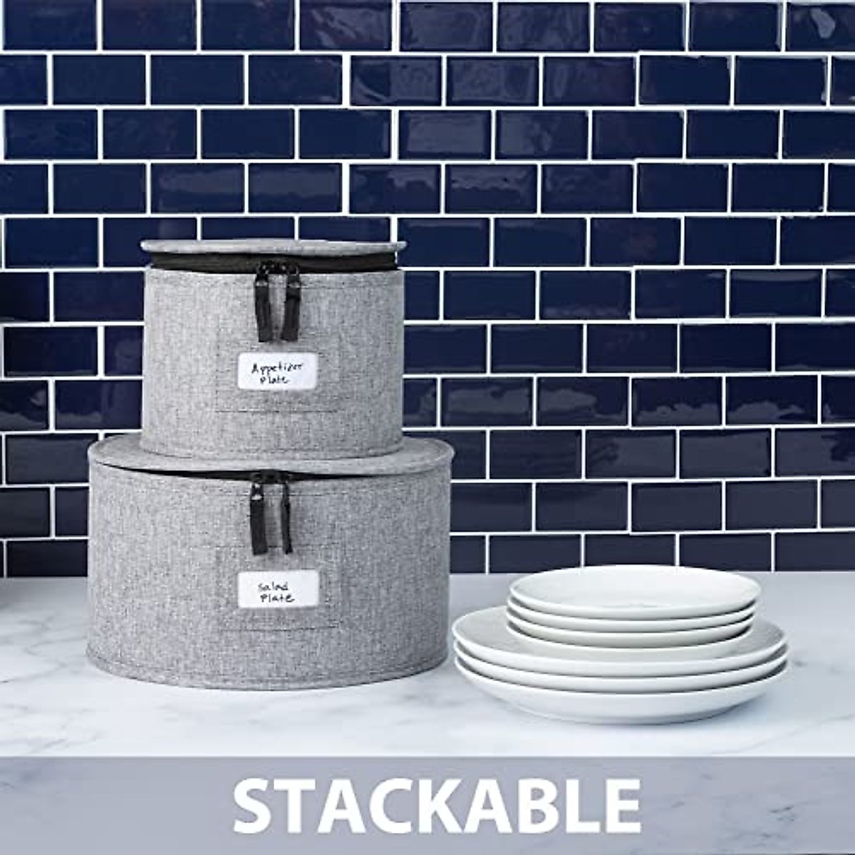 China Storage Container for Saucer and Appetizer Plates - 7" W x 5.5" H - Includes 12 Felt Dividers. Hard Shell and Stackable