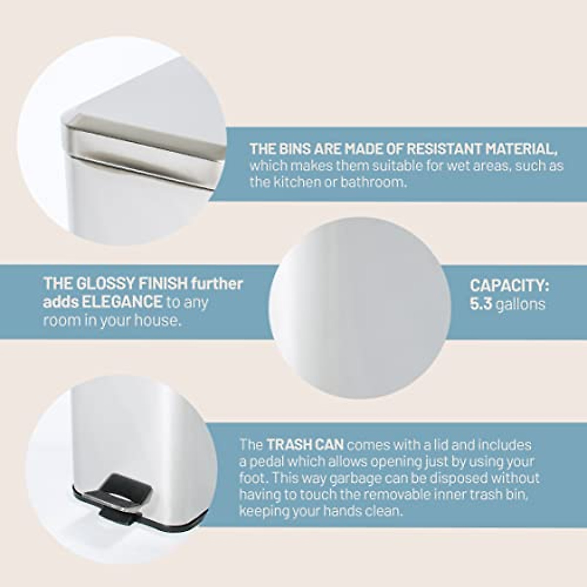 AWENN - Kitchen Garbage Trash Can with Lid and Pedal - Touchless Round Shape Waste Bin - Stainless Steel Dustbin with Removable Inner Bucket for and Outdoors – Gray (5.3 Gallon – 20 Liters)