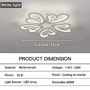 Naroume Modern LED Ceiling Light,55W Acrylic Flush Mount Ceiling Lamp,5 Petals Metal Flower Shape Chandelier Lighting Fixture for Living Room Bedroom Kitchen Office Dining Room (6000K White Light)