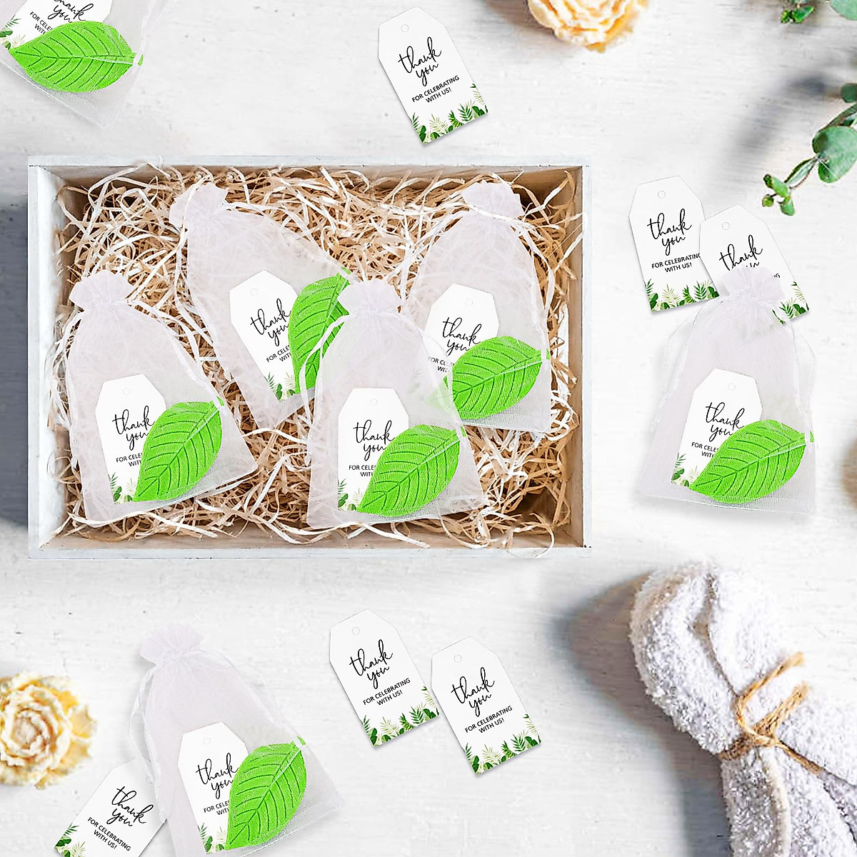 BUWUSMU 40 Sets Wedding Mini Soap Favors, Baby Shower Favors for Guests with Thank You Gift Cards, Eucalyptus Scented Soap Greenery Bridal Shower Gifts, Organza Bags for Party Housewarming Boy Girl