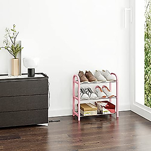 SHELAKET 3-Tier Small Shoe Rack, Lightweight 5-7 Pairs Shoe Shelf Storage Organizer,Sturdy Metal Standing Narrow Shoe Shelf for Closet Entryway Hallway(Pink)