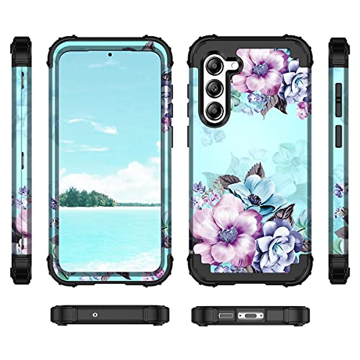 Casetego Compatible with Galaxy S23 5G Case,Floral Shockproof Three Layer Heavy Duty Protective[2 Pcs Tempered Screen Protector+2 Pcs Camera Lens Protector] Case for Samsung Galaxy S23,Blue Flower