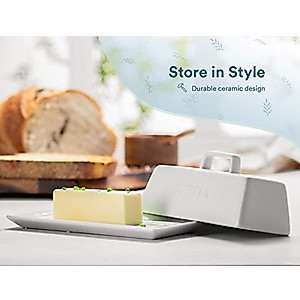 Kook Ceramic Butter Dish with Lid, Kitchen Countertop Butter Keeper, Serving Tray with Cover, Storage Container, Holds 1 Stick, Microwave and Dishwasher Safe, White