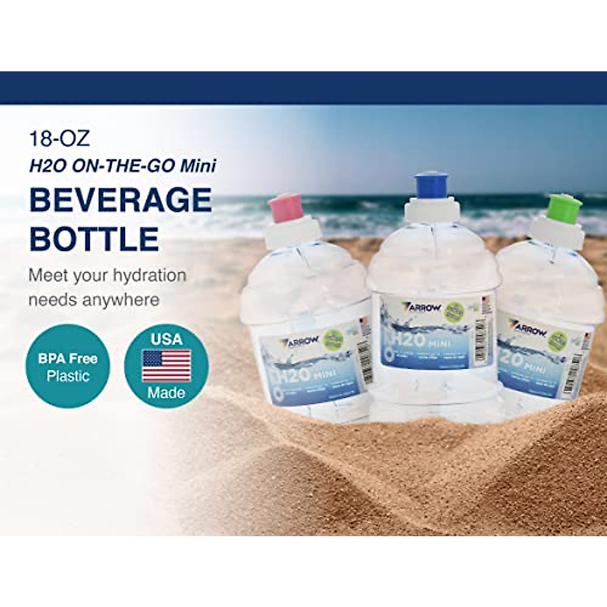 Arrow H2O On The Go Water Bottle, 18 Fl Oz (Includes 6 Bottles) - Mini Clear Plastic Water Bottle with Push Cap - Made in the USA, BPA Free - Built-In Handle, Ideal for School and Sports Practice