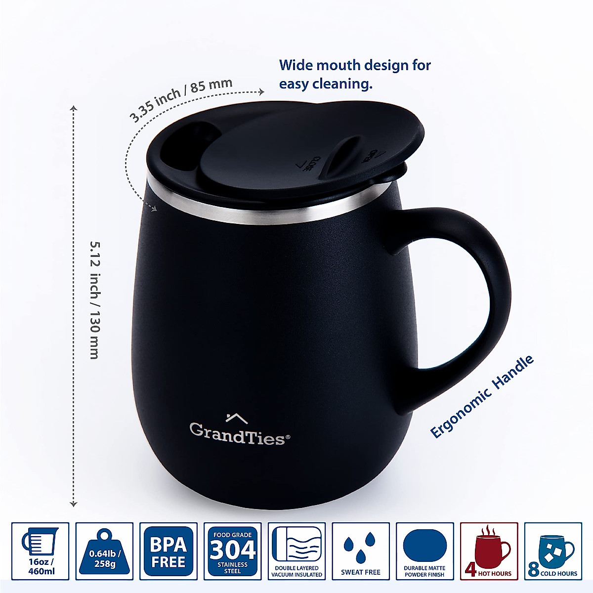 GRANDTIES Insulated Coffee Mug with Handle - Sliding Lid for Splash-Proof 16 oz Wine Glass Shape Thermos Tumbler with Double Walled Vacuum Stainless Steel to Keeps Beverages Hot or Cold - Black