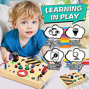 POLKRANE Busy Board with LED Light - Toddler Toys for 1+ year old Boy and Girl, 1-3 year old boy gifts, sensory toys for toddlers 1-3 montessori busy board, light switch toys for toddlers