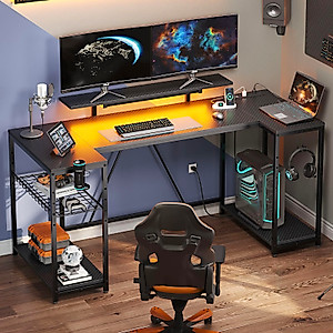Bestier Gaming Desk with LED Lights & Power Outlets, 63 inch U Shaped Computer Desk with Monitor Stand & Storage Shelves, PC Desk with Cup Holder & Hook for Home Office, Black 3D Carbon Fiber