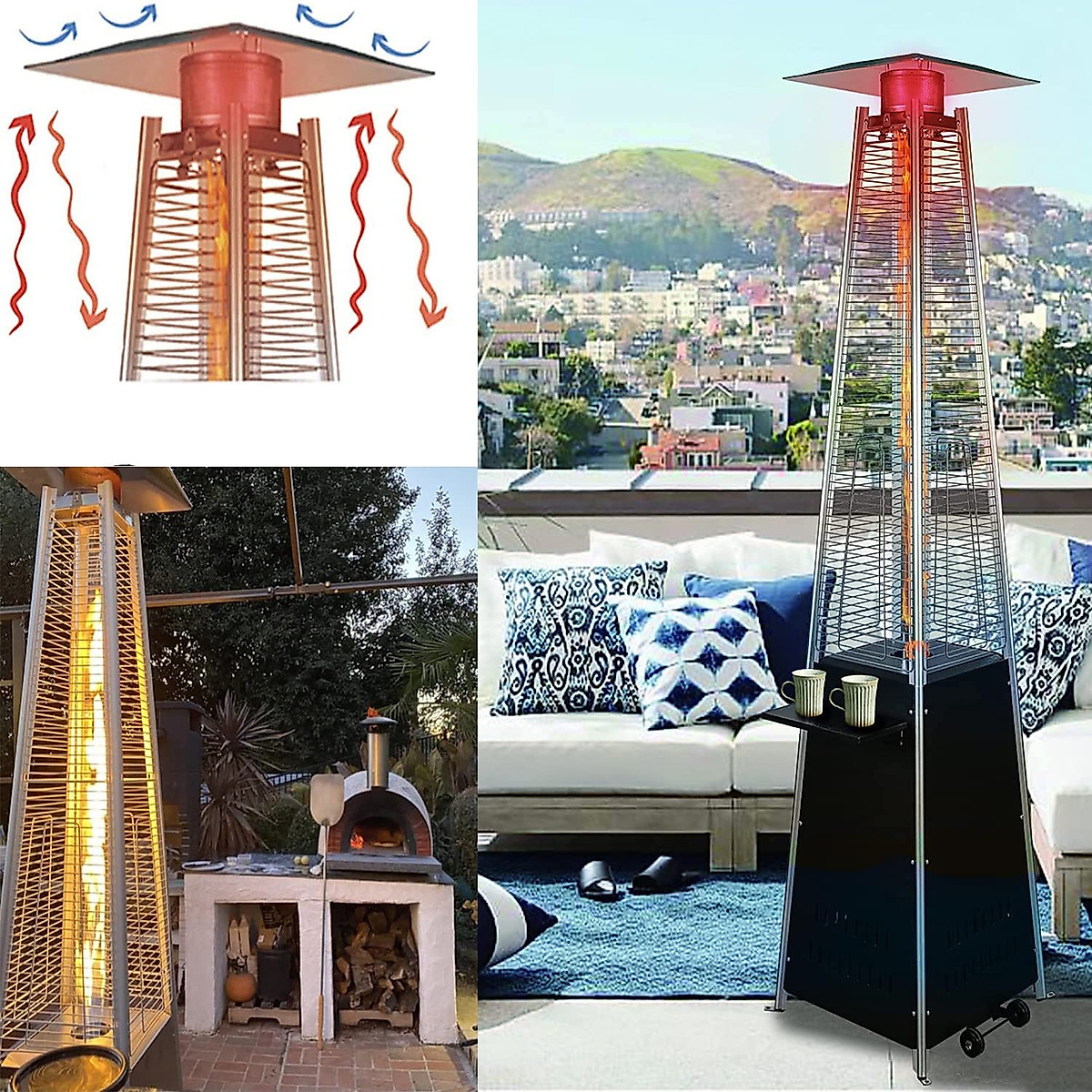 Patio Propane Heater Outdoor Patio Heater 48,000 BTU Pyramid Outdoor Heater Quartz Glass Tube Propane Heater Gas Patio Heaters for Outdoor Use with Wheels,Cover,Ground Nails,Detachable Table