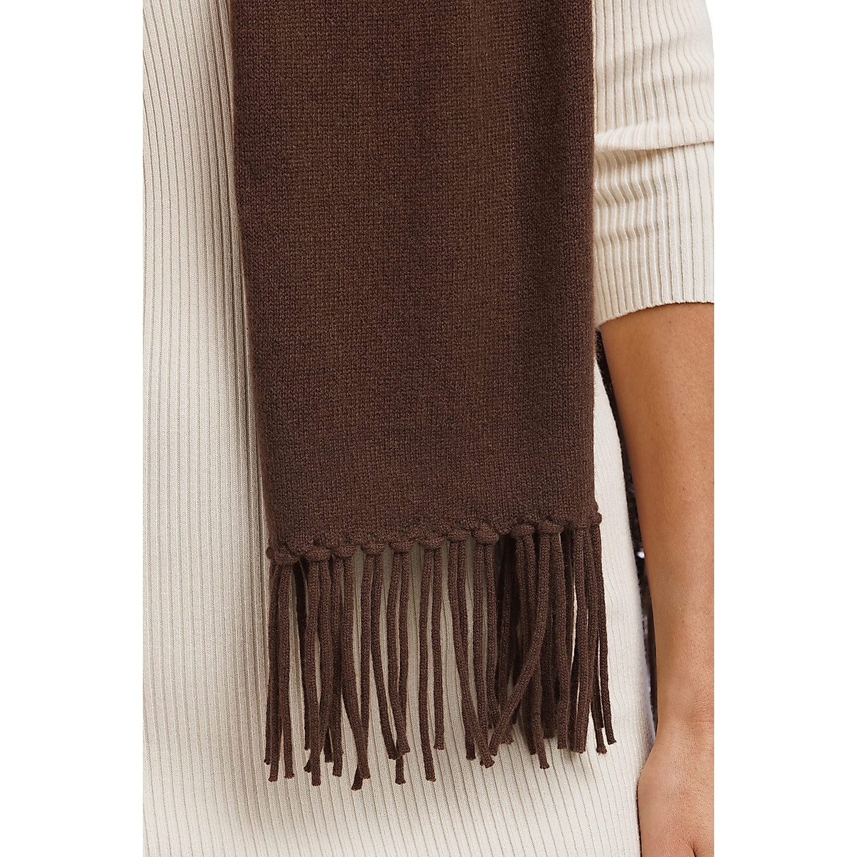 Fishers Finery Women's 100% Cashmere Knit Scarf with Fringe Detail; Super Soft and Warm Classic Winter Fashion Scarf, Black Label Gift Box Included (Brown)