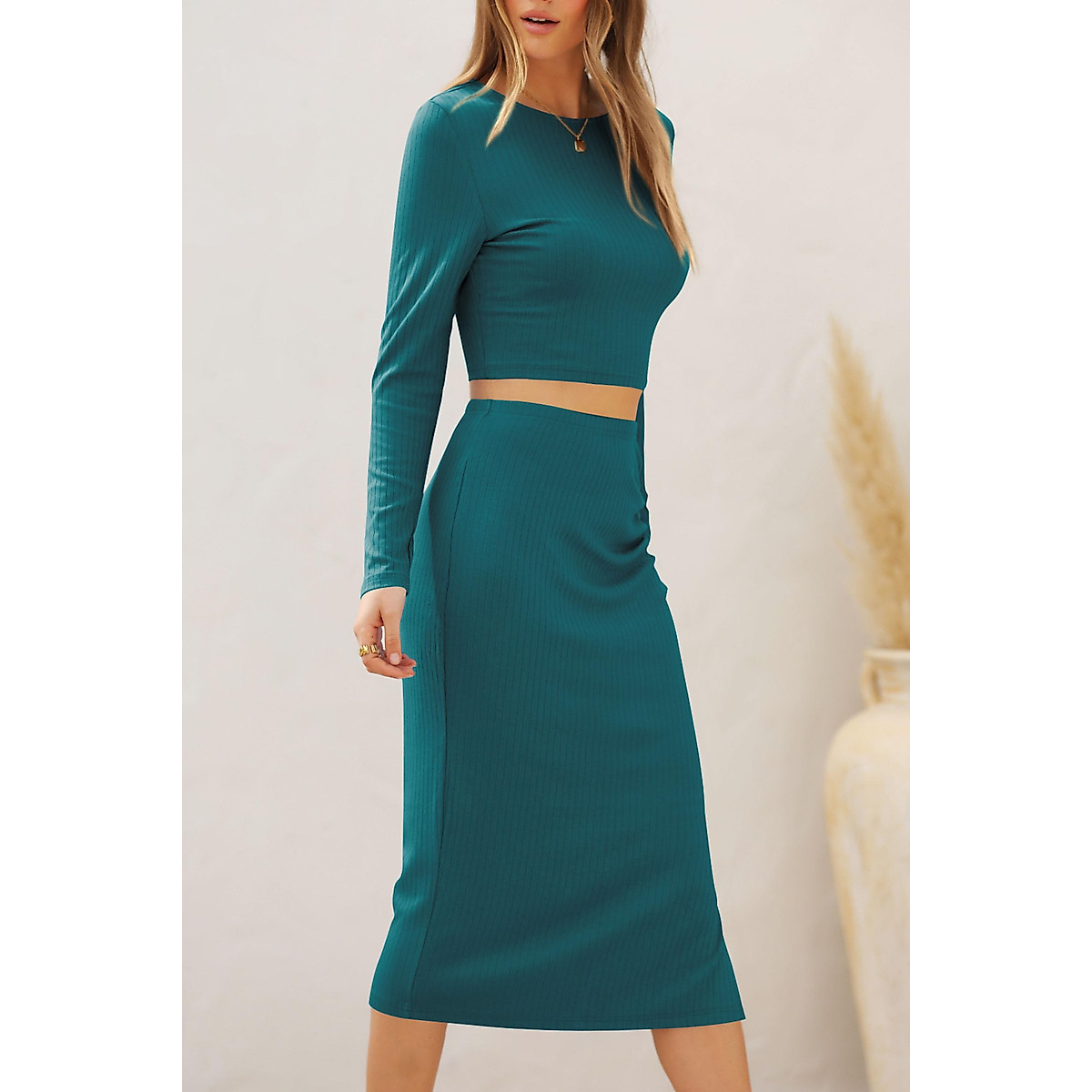 PRETTYGARDEN Womens 2024 Fall 2 Piece Outfits Track Suits Long Sleeve Crop Tops Bodycon Midi Skirt Slit Dress Matching Sets (Dark Green,Medium)