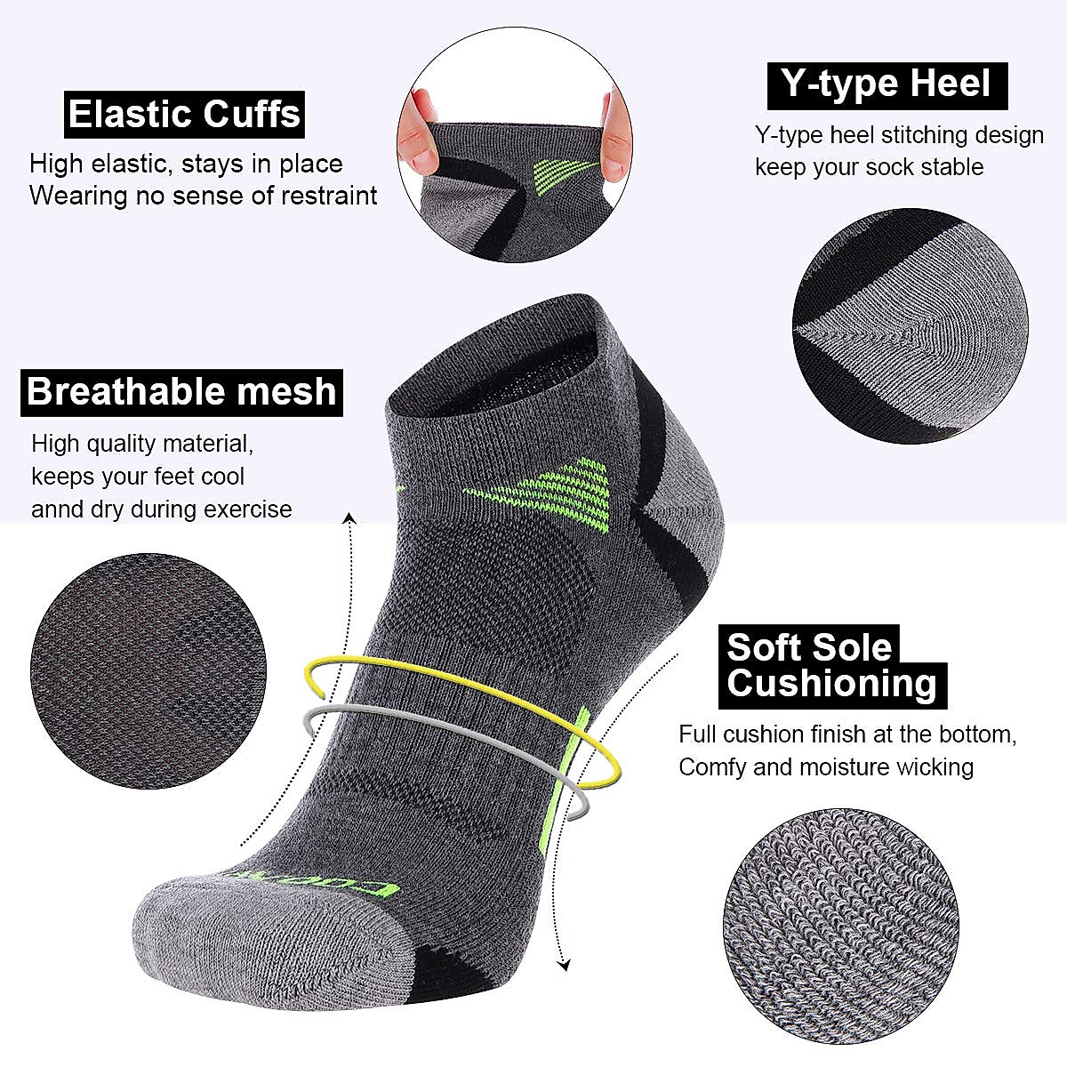 COOVAN Mens Ankle Athletic Socks Low Cut Cushioned Breathable Running Sports Socks 6 Pack