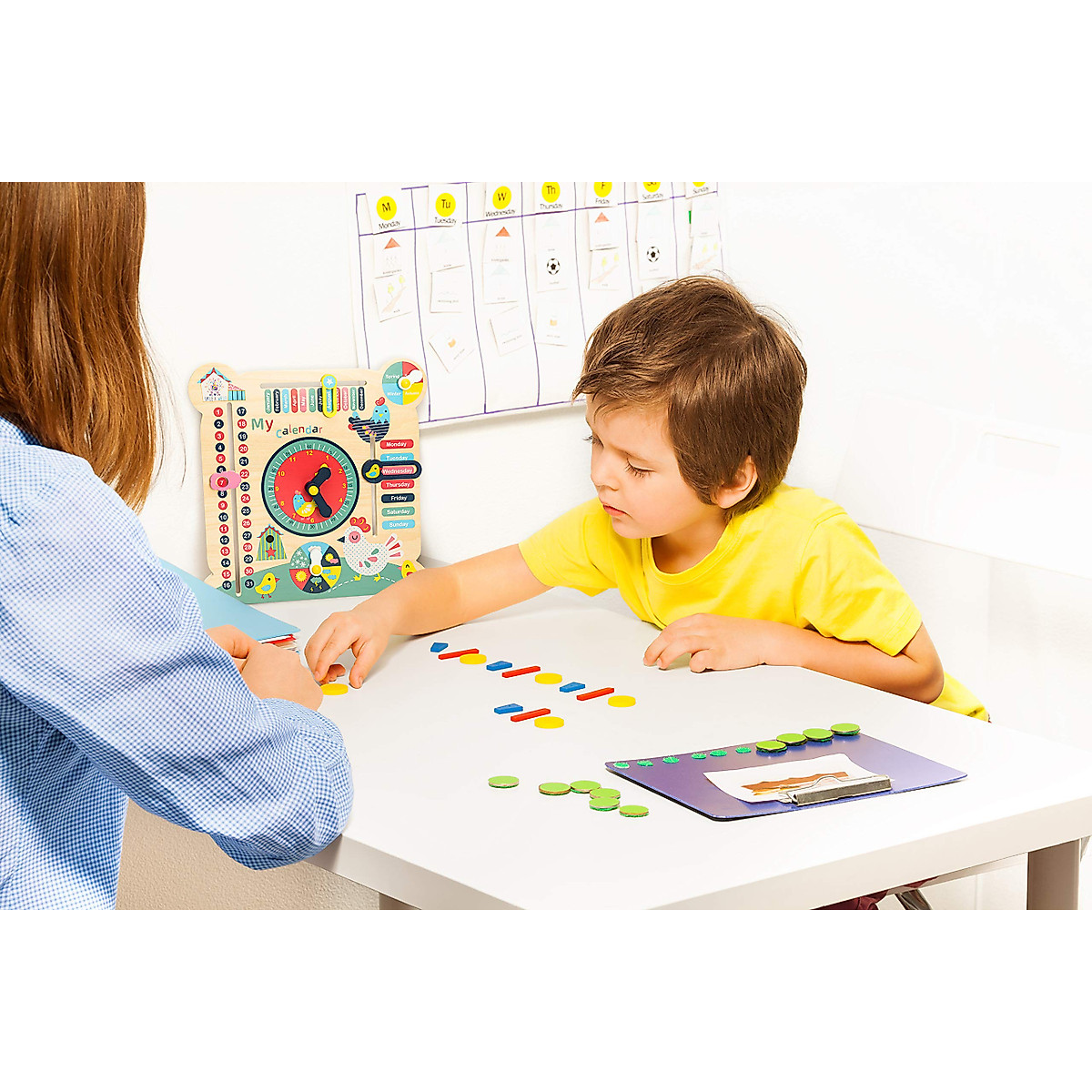 SMILE A WHILE Montessori Wooden Toys Kids Calendar Teaching Clock for Kids Learning to Tell time Great for Circle time Learning Center All About Today Board Weather and Days of The Week for Kids