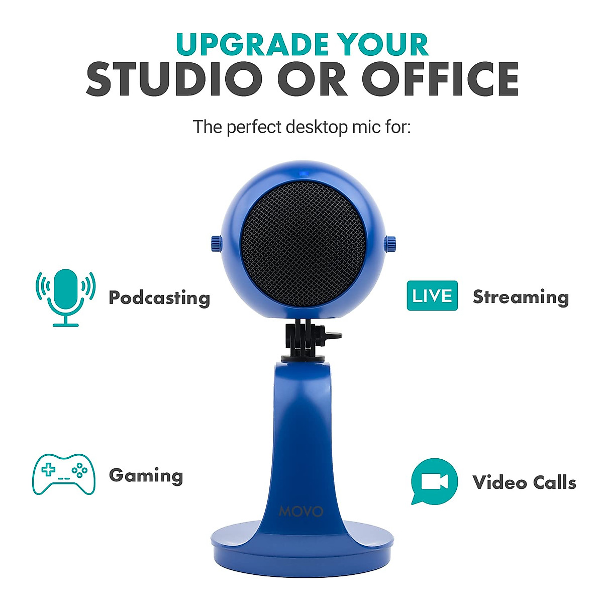 Movo WebMic USB Microphone with Desktop Stand, Royal Blue, Cardioid Condenser, for PC and Mac, with Mic Gain and Headphone Monitoring