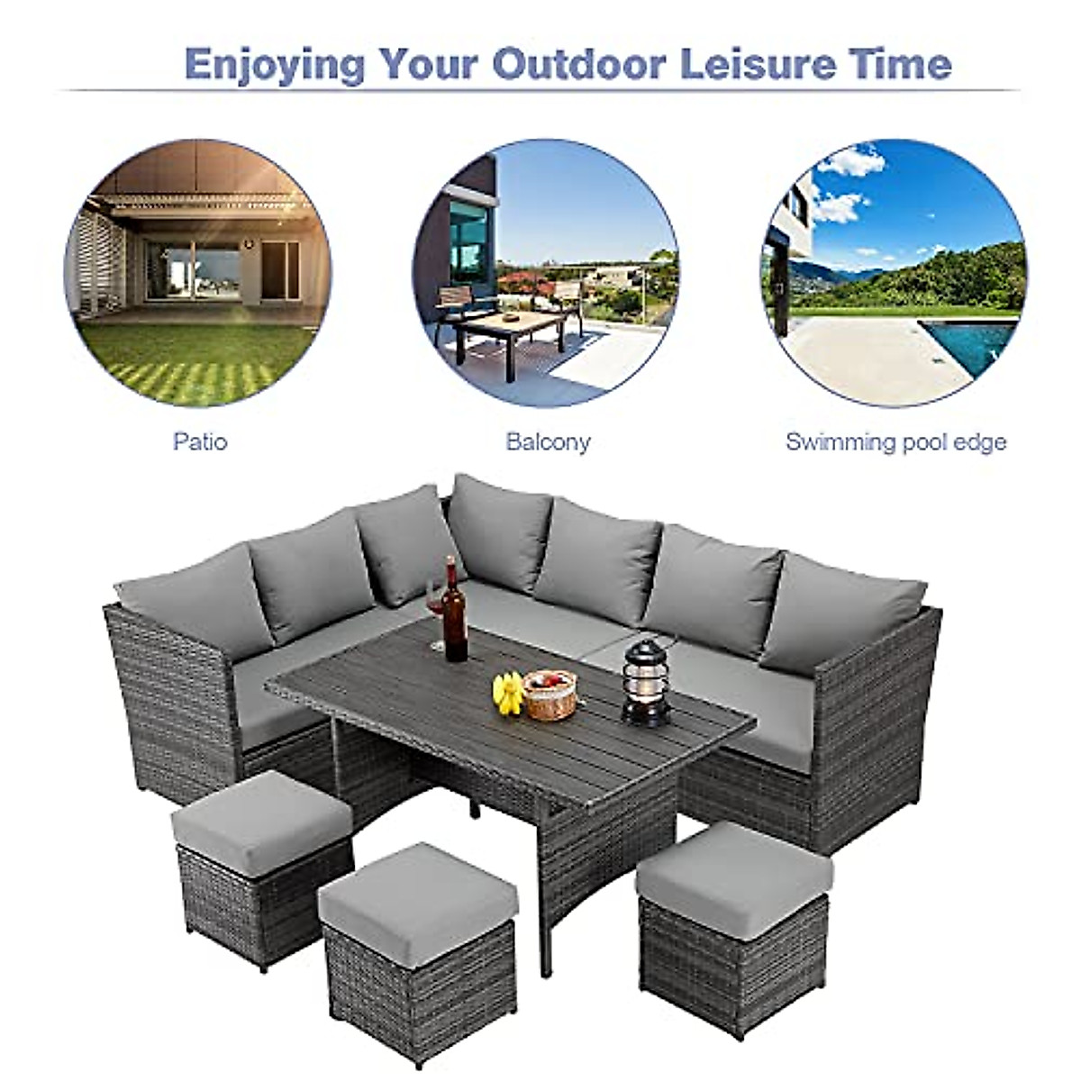 U-MAX 7 Piece Outdoor Patio Furniture Set, PE Rattan Wicker Sofa Set, Outdoor Sectional Furniture Set with Dining Table,Gray