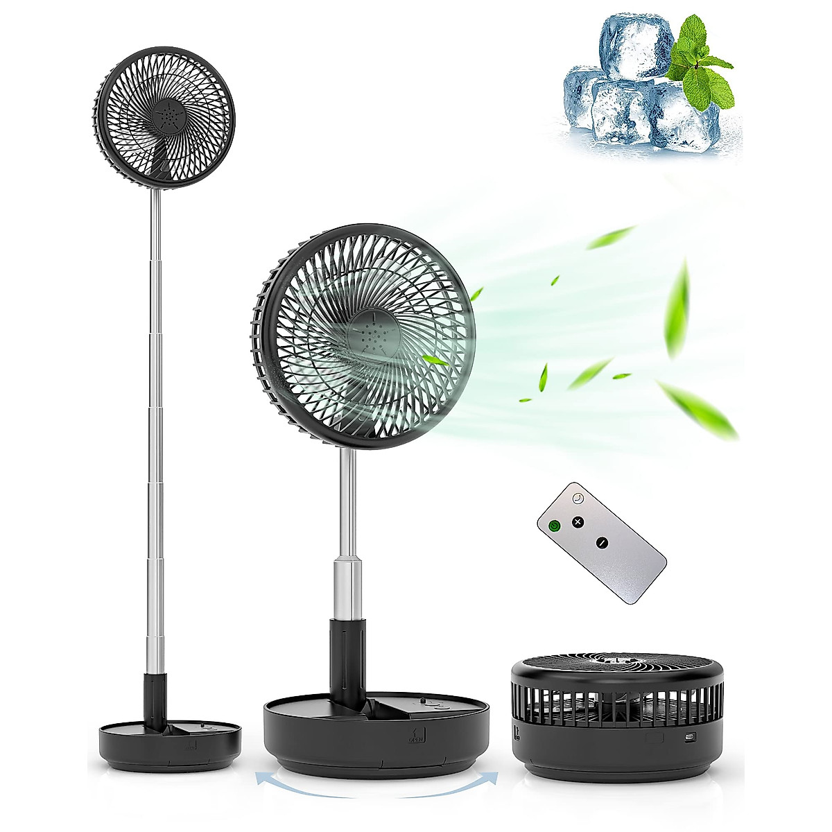 Primevolve Portable Oscillating Standing Fan,Rechargeable Battery Operated USB Floor Table Desk Fan with Remote, 4 Speed Settings Pedestal Fans for Bedroom Office Camping Fishing Travel Black 7.7"