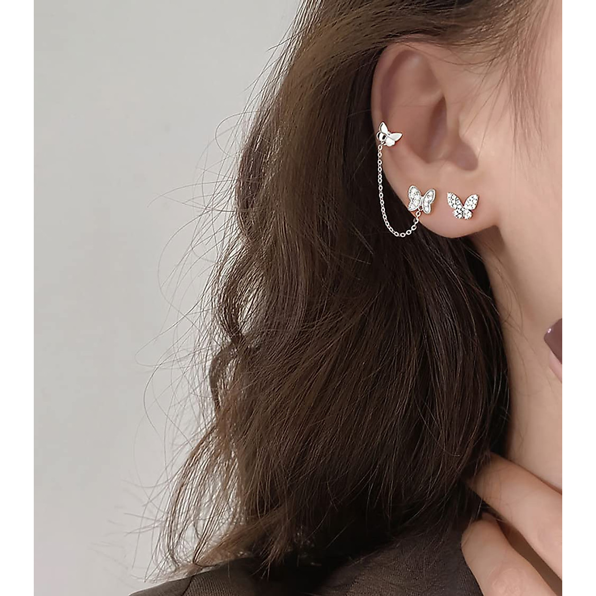 Reffeer 925 Sterling Silver Double Holes CZ Butterfly Chain Stud Earrings Two Butterfly Cuff Climber Earrings for Women Teen (Silver)