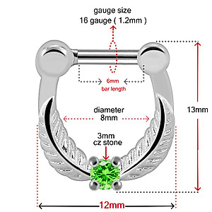 PiercingPoint Light Green Crystal Stone Leaf with Round CZ Stone 16 Gauge Clicker Septum Nose Ring Septum Jewelry