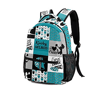 Urcustom Custom Kid Backpack, Teal I Love Cheer Cheerleader Personalized School Bookbag with Your Own Name, Customization Casual Bookbags for Student Girls Boys