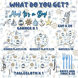 Ahoy Nautical Baby Shower Decorations Tableware,142pcs Ahoy Its A Boy Baby Shower Plates and Napkins Supplies Ahoy Nautical Party Dinnerware Tablecloth for Boy Sailor Theme Baby Shower Decorations