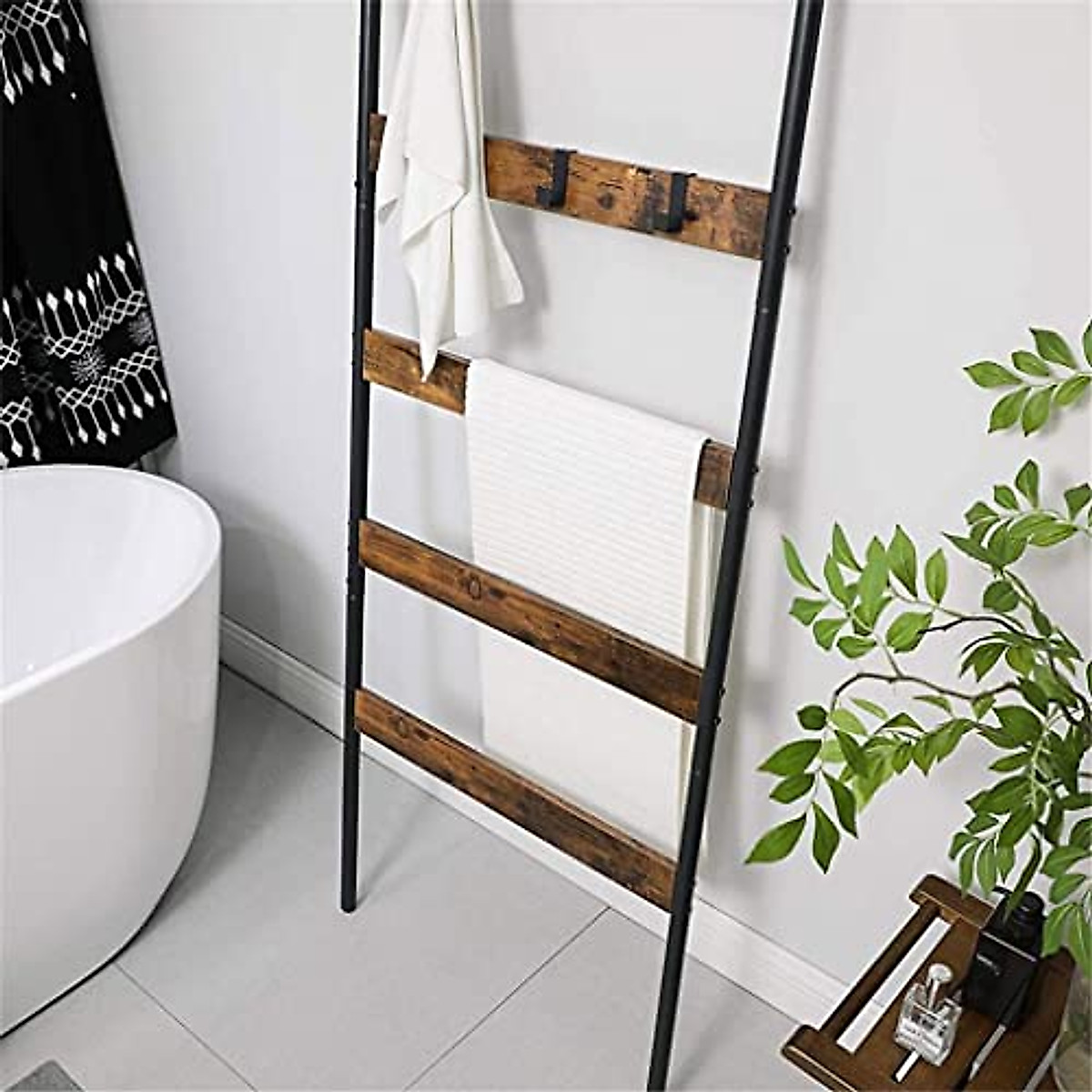 FCMLD Rustic Slanted Ladder Shelf, Towel Rack, 5 Tier, 65cm Width, Steel Frame, for Blankets, Towels, Scarves
