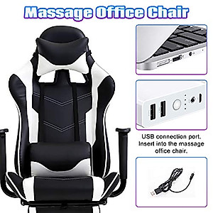 Gaming Chair High Back Computer Gaming Chair with Footrest, Ergonomic Game Chair PU Leather Racing Office Chair Adjustable Task Chair w/Headrest Armrest & Massage Function Lumbar Support-White