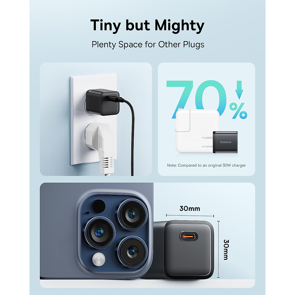 USB C Charger, Baseus USB C Wall Charger 30W PD Charger, GaN Fast Charger Block, USB-C Power Adapter for iPhone 15/14/13/12/11/Pro/Pro Max/XS/XR, Galaxy S23 Ultra, Google Pixel, MacBook, iPad, Black