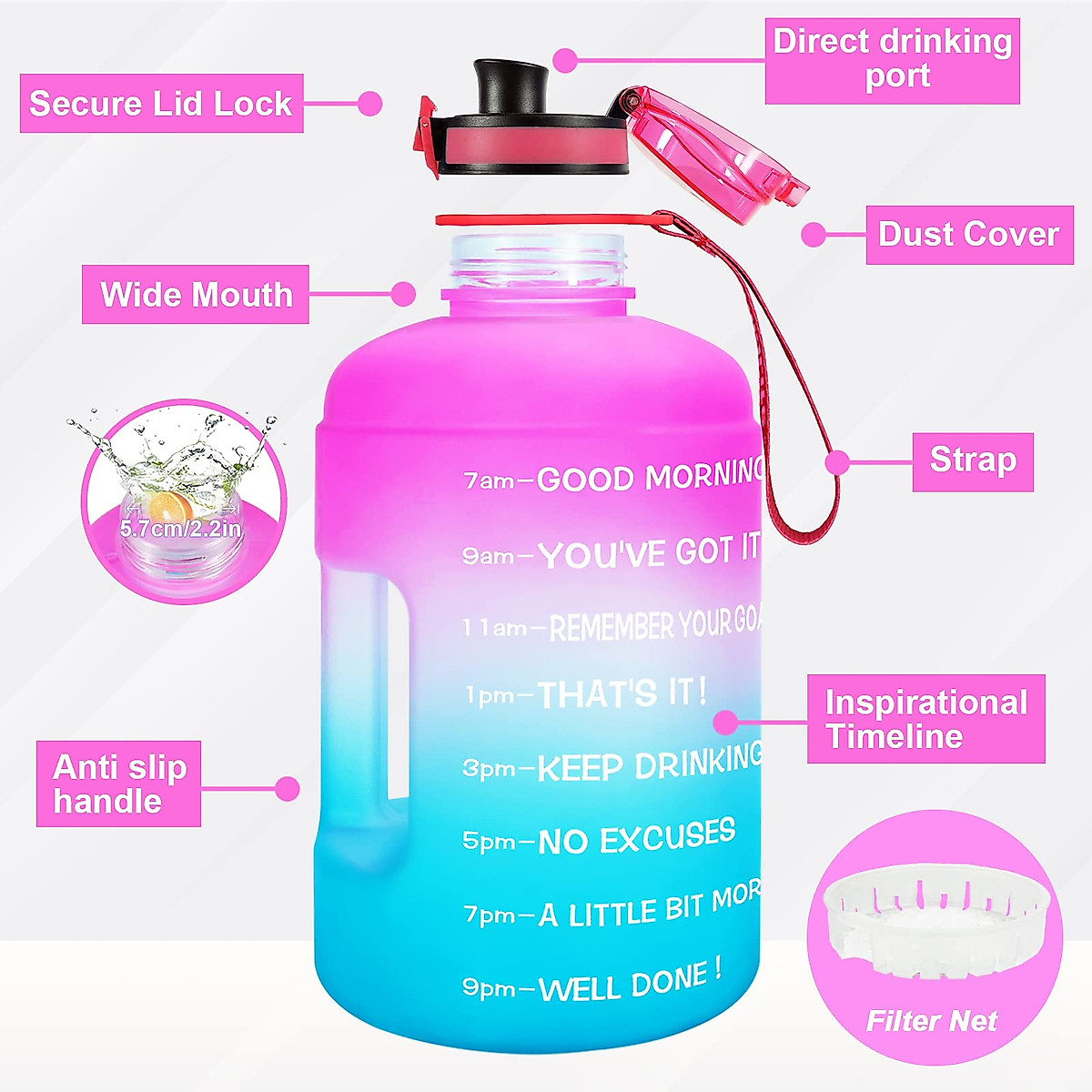 BuildLife Gallon Water Bottles with Times to Drink - Gallon Water Jug - 1 Gallon Water Bottle–128 oz Water Bottle,One Gallon Water Bottle with Time Marke for Gym(Pink Blue)