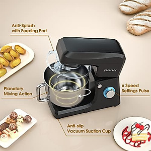 Panti Stand Mixer, 8.5 Qt. 660W 6+P Speed Kitchen Aid with Dough Hooks, Whisk, Beater and Suction Cup Bottom Splash Guard Attachments for Baking Bread, Cookie, Kneading, Dishwasher Safe, Black