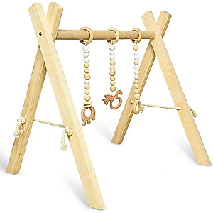 Rocinha Wooden Baby Gym with 3 Wooden Baby Teething Toys Foldable Baby Play Gym Frame Baby Wood Activity Gym Hanging Bar Newborn Gift - Natural Color