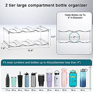 2 Tier Stackable Water Bottle Organizer for Cabinet - Premium Clear Holder for Tumbler, Travel Bottle, Wine Rack Display - Home Kitchen Pantry Refrigerator Organization and Storage - Hold 6 Bottles