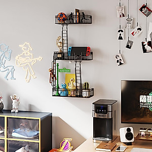 Sumbame 3-Tier Fire Escape Wall Shelf, Black Metal Floating Shelves, Eye-Catching Wall Mounted Picture Ledge Shelf, Unique Knick Knack Shelf Organizer, Funky Home Decor for Living Room and More