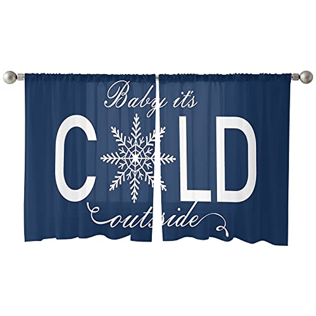 AmbeHome Semi Sheer Curtain Rod Pocket Kitchen Curtains, Christmas Sheer Window Curtains 54 Inch Length 2 Panels Set, Voile Window Drapes for Bedroom Living Room Cold Winter Snowflakes Blue Backdrop