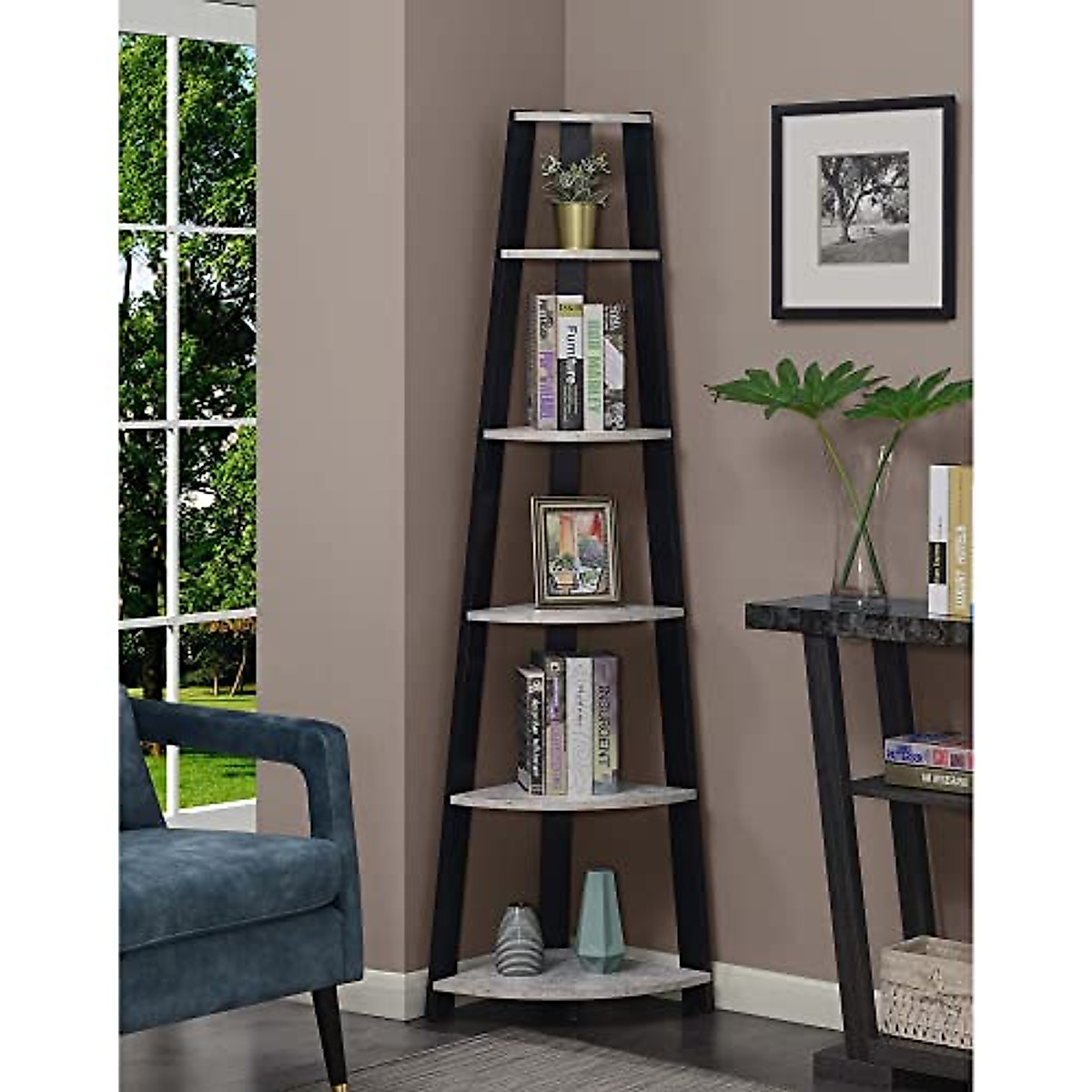 Convenience Concepts Newport 5-Tier Corner Bookcase, Faux Cement/Black