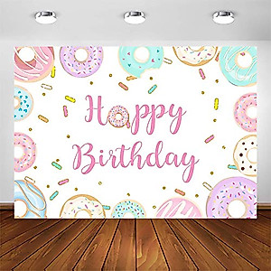 Avezano Donut Birthday Backdrop for Girls Party Decorations Sweet Donut Happy Birthday Party Banner Photography Background Donut Grow Up Bday Cake Table Photoshoot (7x5ft)