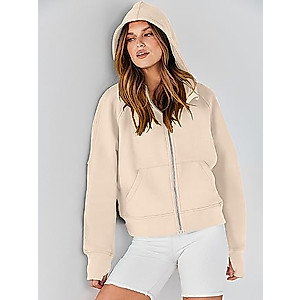 ANRABESS Women's Cropped Hoodies 2023 Fall Plain Jacket Cute Teen Girl Athletic Tops Ribbed Knit Casual Long Sleeve Fleece Sweatshirts Zip Up Hippie Clothes Thumb Hole A1015shenkaqi-S Apricot