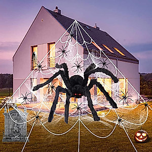 200" Halloween Giant Spider Web Decoration+59" Huge Spider+12 Mini Fake Spiders and Stretch Cobwebs, Fake Spiders with Triangular Spider Web for Indoor Outdoor Halloween Yard Home Haunted House Decor