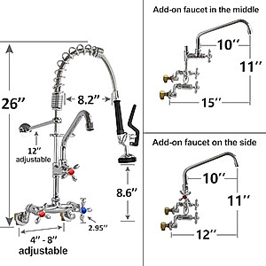 YooGyy Commercial Wall Mount Kitchen Sink Faucet Pre-Rinse Device 26" Height 4'' to 8'' Center with Spring Pull Down Sprayer and 10" Add-on Spout，Brass Constructed Polished Chrome
