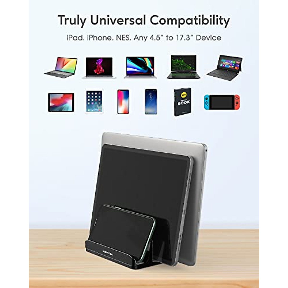 AboveTEK Vertical Laptop Stand 3 Slots for Computer, Tablet, Phone - Fits All Laptop Models (up to 17.3") - Heavy Duty Polished Aluminum Desktop Holder - Anti Slide Silicone Grips - Black