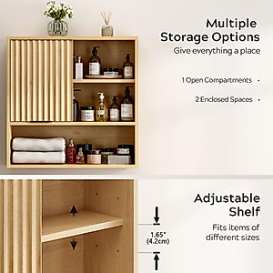 EYYTHUNG Fluted Wall Cabinet Bathroom, Modern Medicine Cabinet with Sliding Door Adjustable Shelf Wood Storage Cabinet Wall Mounted for Kitchen Dining Room Living Room, Natural Oak
