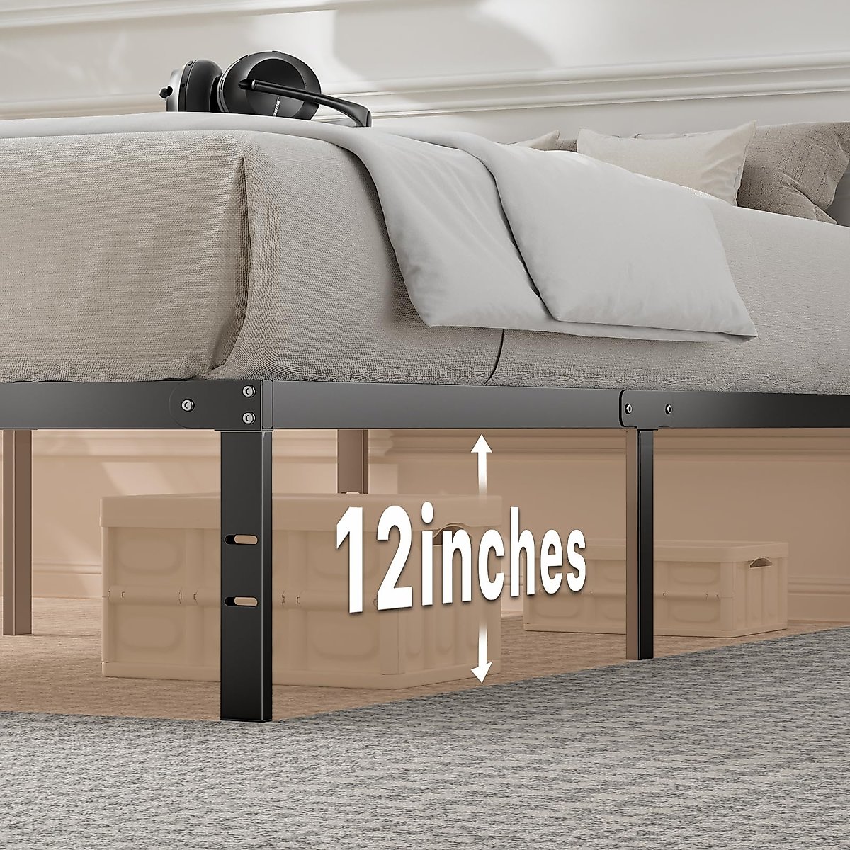 DUMOS Bed Frame - Twin Size Metal Platform Bed Frame Mattress Foundation with Steel Slat Support, No Box Spring Needed, Storage Space Under Frame, Easy Assembly, Black