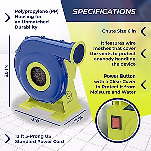 CORAXOL Bounce House Blower – Air Pump for Inflatable House or Castle, 1100 Watt (1.5 HP) Power 12 Feet Supply Cord, Blue and Green, Portable Blower Fan for Inflatable Toys